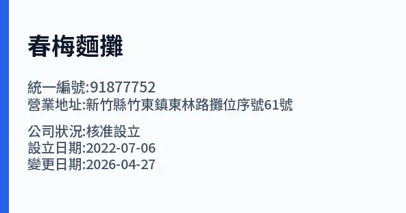 春梅麵攤的照片-統編 91877752(新竹縣) 公司登記資料與營業項目詳細圖表