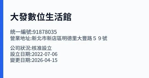 大發數位生活館的照片-統編 91878035(新北市) 公司登記資料與營業項目詳細圖表