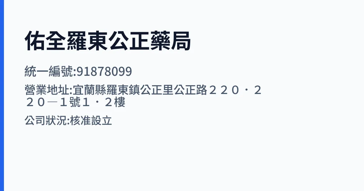佑全羅東公正藥局 - 統編 91878099(宜蘭縣) 公司登記資料與營業項目詳細圖表