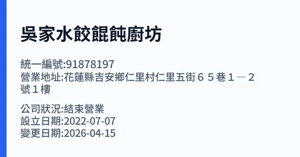 吳家水餃餛飩廚坊的照片-統編 91878197(花蓮縣) 公司登記資料與營業項目詳細圖表