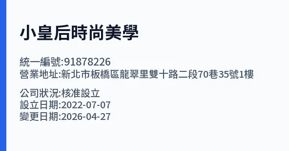 小皇后時尚美學的照片-統編 91878226(新北市) 公司登記資料與營業項目詳細圖表