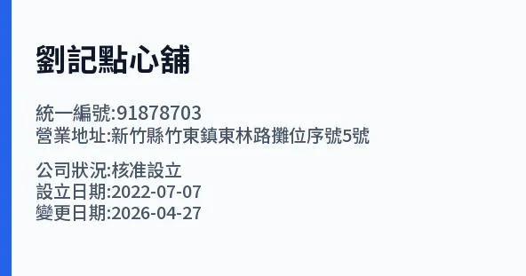 劉記點心舖的照片-統編 91878703(新竹縣) 公司登記資料與營業項目詳細圖表