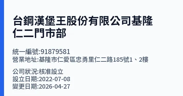 台鋼漢堡王股份有限公司基隆仁二門市部的照片-統編 91879581(基隆市) 公司登記資料與營業項目詳細圖表