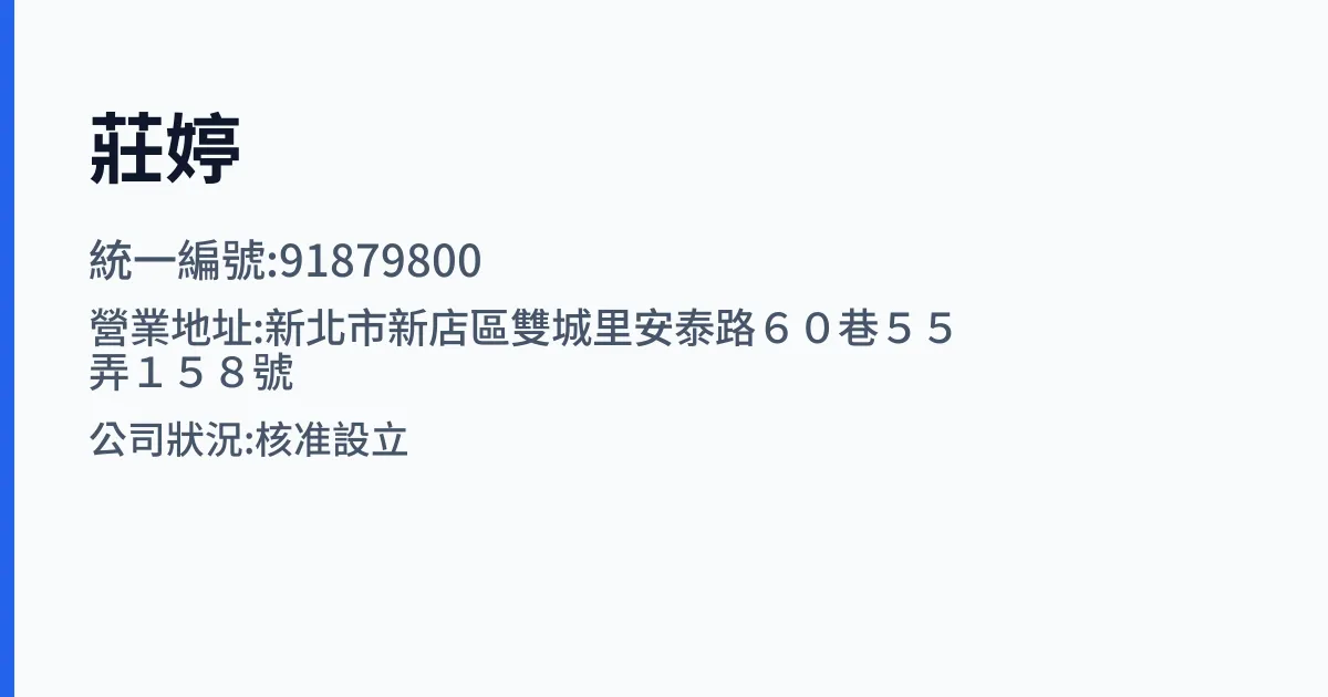 莊婷 - 統編 91879800(新北市) 公司登記資料與營業項目詳細圖表