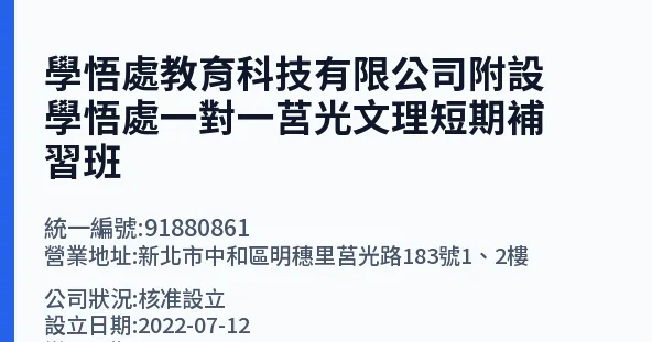 學悟處教育科技有限公司附設學悟處一對一莒光文理短期補習班的照片-統編 91880861(新北市) 公司登記資料與營業項目詳細圖表