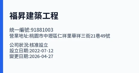 福昇建築工程的照片-統編 91881003(桃園市) 公司登記資料與營業項目詳細圖表