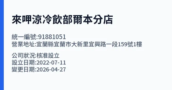 來呷涼冷飲部爾本分店的照片-統編 91881051(宜蘭縣) 公司登記資料與營業項目詳細圖表