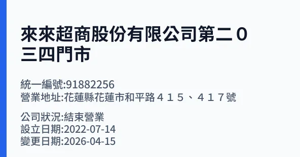 來來超商股份有限公司第二０三四門市的照片-統編 91882256(花蓮縣) 公司登記資料與營業項目詳細圖表