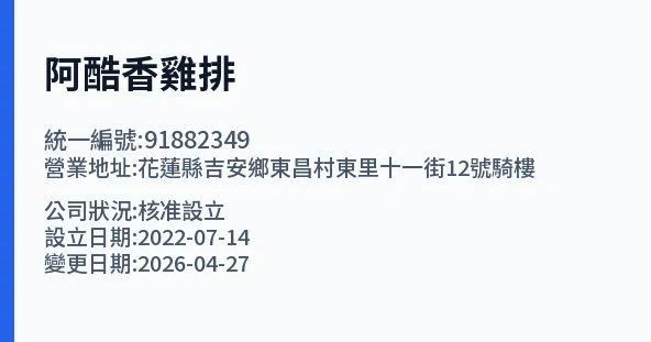 阿酷香雞排的照片-統編 91882349(花蓮縣) 公司登記資料與營業項目詳細圖表