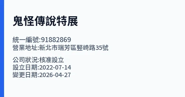 鬼怪傳說特展的照片-統編 91882869(新北市) 公司登記資料與營業項目詳細圖表