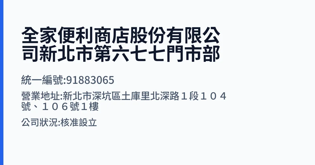 全家便利商店股份有限公司新北市第六七七門市部 - 統編 91883065(新北市) 公司登記資料與營業項目詳細圖表
