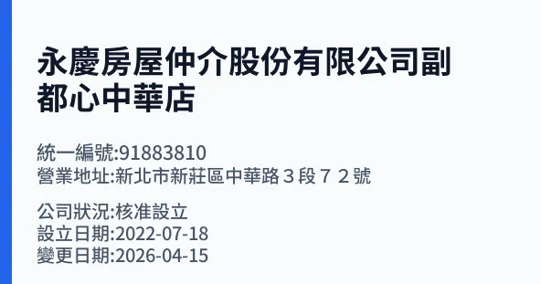 永慶房屋仲介股份有限公司副都心中華店的照片-統編 91883810(新北市) 公司登記資料與營業項目詳細圖表