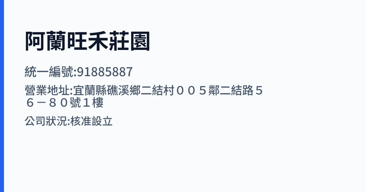 阿蘭旺禾莊園 - 統編 91885887(宜蘭縣) 公司登記資料與營業項目詳細圖表