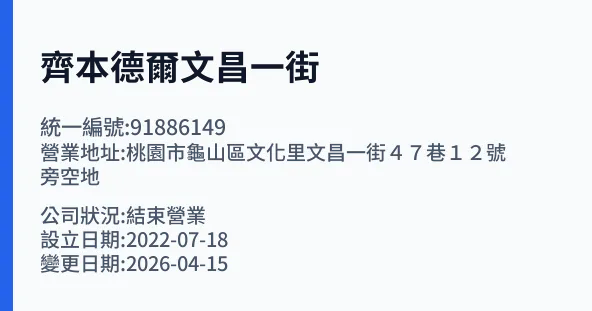 齊本德爾文昌一街的照片-統編 91886149(桃園市) 公司登記資料與營業項目詳細圖表