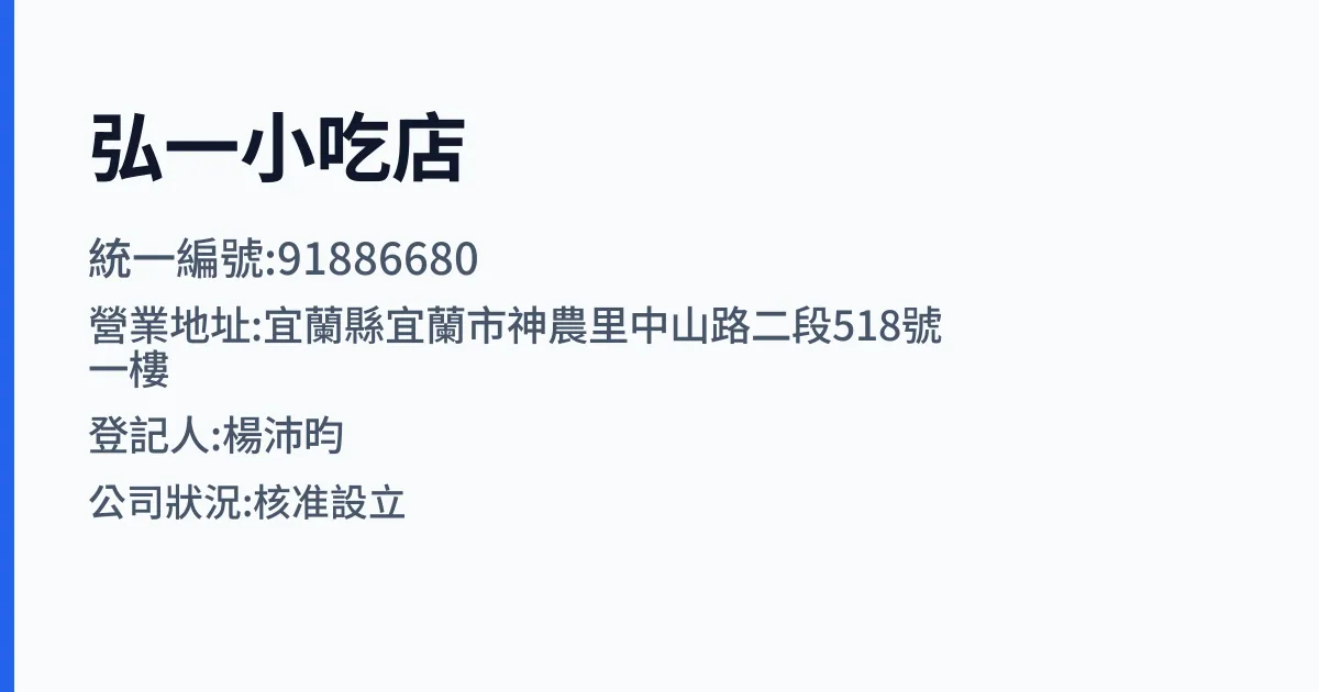 弘一小吃店 - 統編 91886680(宜蘭縣) 公司登記資料與營業項目詳細圖表