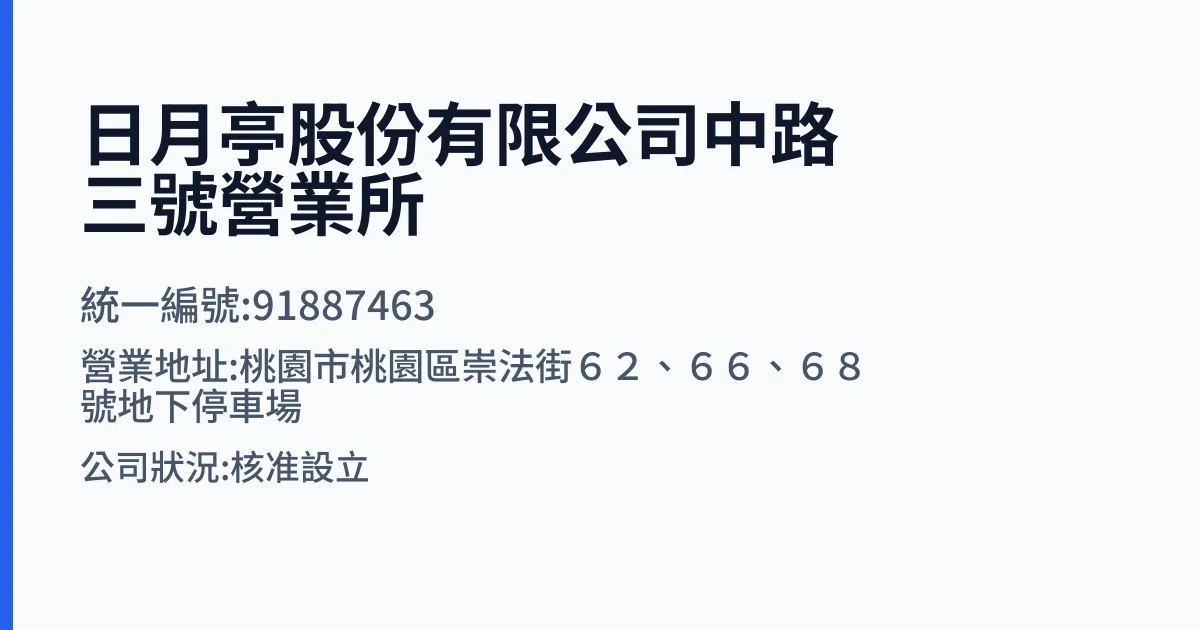 日月亭股份有限公司中路三號營業所 - 統編 91887463(桃園市) 公司登記資料與營業項目詳細圖表