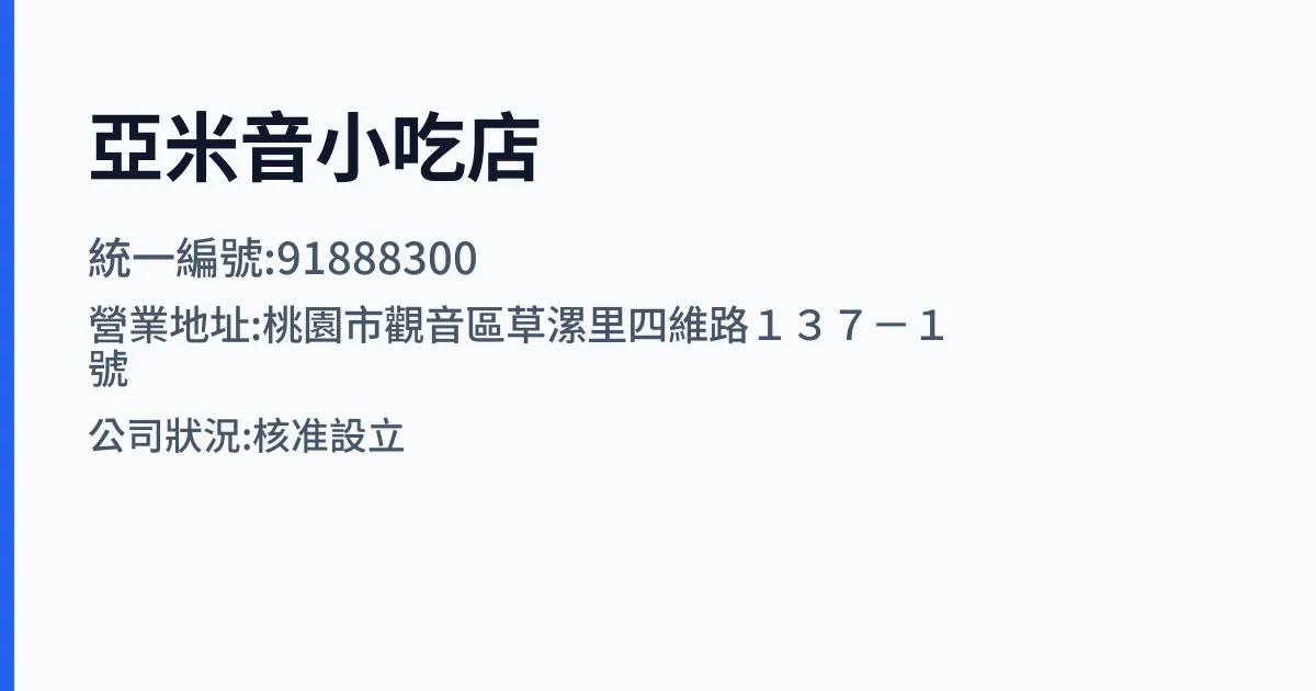 亞米音小吃店 - 統編 91888300(桃園市) 公司登記資料與營業項目詳細圖表