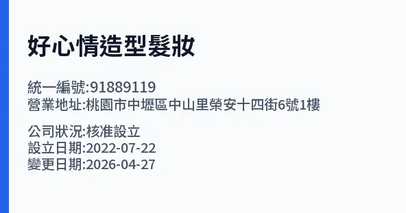 好心情造型髮妝的照片-統編 91889119(桃園市) 公司登記資料與營業項目詳細圖表