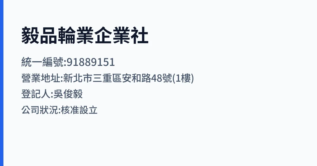 毅品輪業企業社 - 統編 91889151(新北市) 公司登記資料與營業項目詳細圖表
