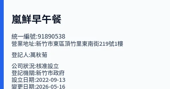 嵐鮮早午餐的照片-統編 91890538(新竹市) 公司登記資料與營業項目詳細圖表