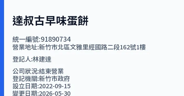 達叔古早味蛋餅的照片-統編 91890734(新竹市) 公司登記資料與營業項目詳細圖表