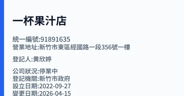 一杯果汁店的照片-統編 91891635(新竹市) 公司登記資料與營業項目詳細圖表