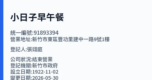 小日子早午餐的照片-統編 91893394(新竹市) 公司登記資料與營業項目詳細圖表