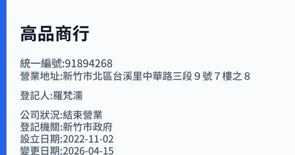 高品商行的照片-統編 91894268(新竹市) 公司登記資料與營業項目詳細圖表