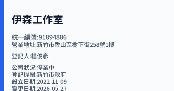 伊森工作室的照片-統編 91894886(新竹市) 公司登記資料與營業項目詳細圖表