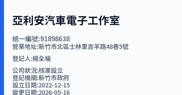 亞利安汽車電子工作室的照片-統編 91898638(新竹市) 公司登記資料與營業項目詳細圖表
