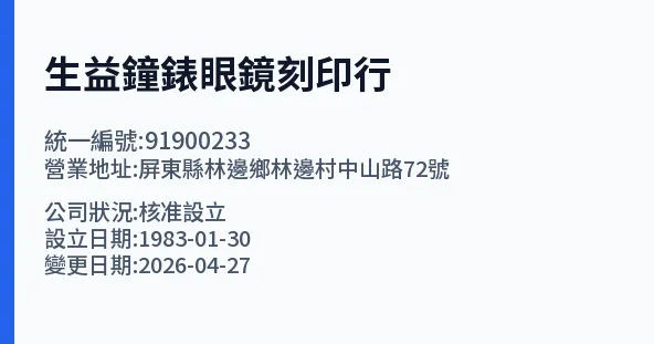 生益鐘錶眼鏡刻印行的照片-統編 91900233(屏東縣) 公司登記資料與營業項目詳細圖表