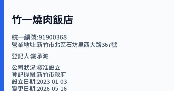 竹一燒肉飯店的照片-統編 91900368(新竹市) 公司登記資料與營業項目詳細圖表