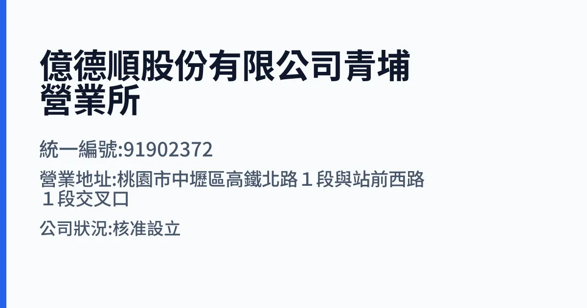 億德順股份有限公司青埔營業所 - 統編 91902372(桃園市) 公司登記資料與營業項目詳細圖表
