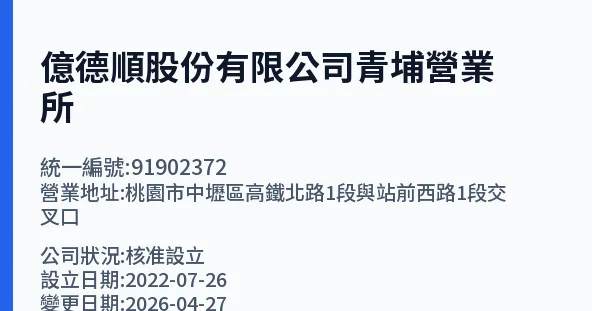 億德順股份有限公司青埔營業所的照片-統編 91902372(桃園市) 公司登記資料與營業項目詳細圖表