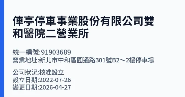 俥亭停車事業股份有限公司雙和醫院二營業所的照片-統編 91903689(新北市) 公司登記資料與營業項目詳細圖表