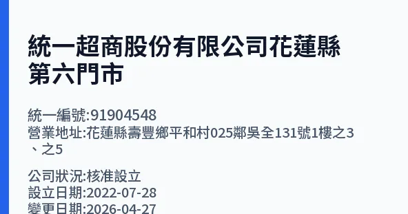 統一超商股份有限公司花蓮縣第六門市的照片-統編 91904548(花蓮縣) 公司登記資料與營業項目詳細圖表