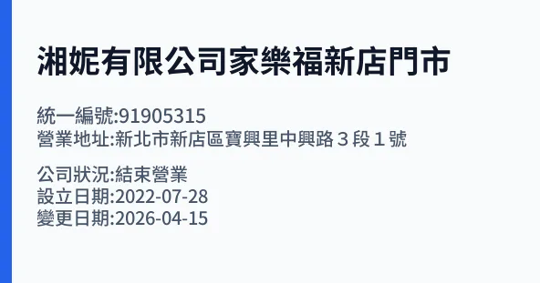 湘妮有限公司家樂福新店門市的照片-統編 91905315(新北市) 公司登記資料與營業項目詳細圖表