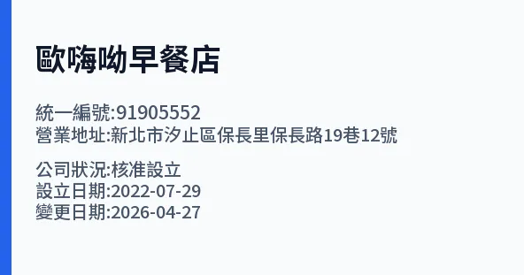 歐嗨呦早餐店的照片-統編 91905552(新北市) 公司登記資料與營業項目詳細圖表