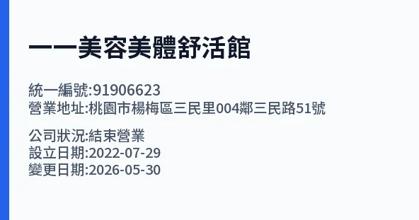 一一美容美體舒活館的照片-統編 91906623(桃園市) 公司登記資料與營業項目詳細圖表