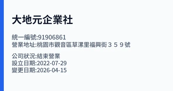 大地元企業社的照片-統編 91906861(桃園市) 公司登記資料與營業項目詳細圖表