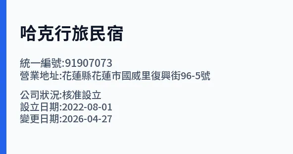 哈克行旅民宿的照片-統編 91907073(花蓮縣) 公司登記資料與營業項目詳細圖表