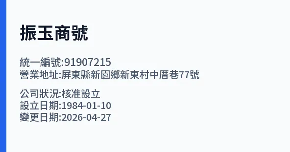 振玉商號的照片-統編 91907215(屏東縣) 公司登記資料與營業項目詳細圖表