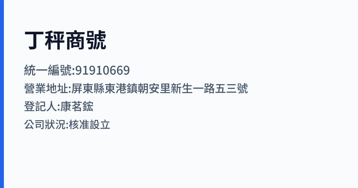 丁秤商號 - 統編 91910669(屏東縣) 公司登記資料與營業項目詳細圖表
