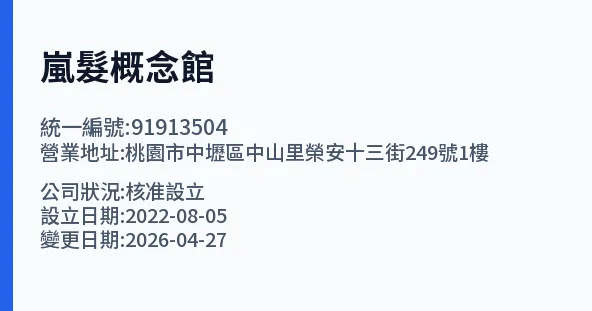 嵐髮概念館的照片-統編 91913504(桃園市) 公司登記資料與營業項目詳細圖表