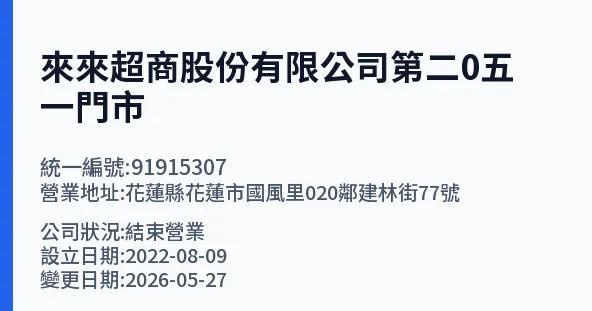 來來超商股份有限公司第二0五一門市的照片-統編 91915307(花蓮縣) 公司登記資料與營業項目詳細圖表
