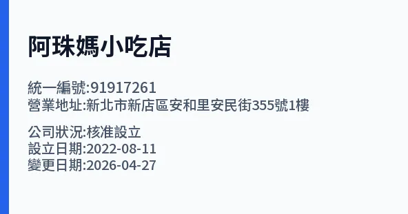 阿珠媽小吃店的照片-統編 91917261(新北市) 公司登記資料與營業項目詳細圖表