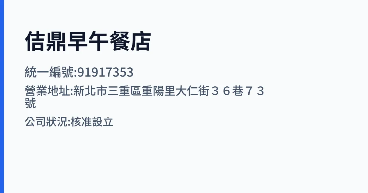 佶鼎早午餐店 - 統編 91917353(新北市) 公司登記資料與營業項目詳細圖表