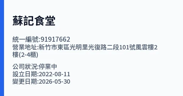 蘇記食堂的照片-統編 91917662(新竹市) 公司登記資料與營業項目詳細圖表