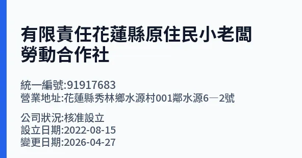 有限責任花蓮縣原住民小老闆勞動合作社的照片-統編 91917683(花蓮縣) 公司登記資料與營業項目詳細圖表