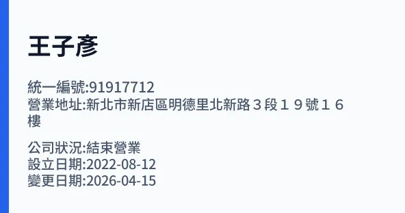 王子彥的照片-統編 91917712(新北市) 公司登記資料與營業項目詳細圖表